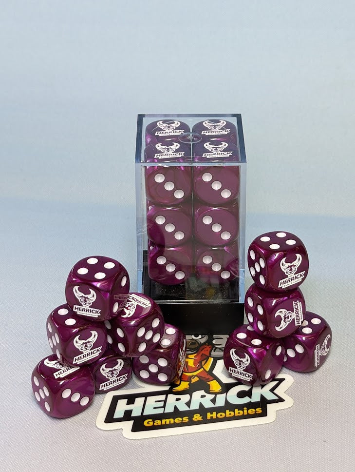 Herrick Games and Hobbies (12) Purple D6 in Acrylic Box (Herrick Logo